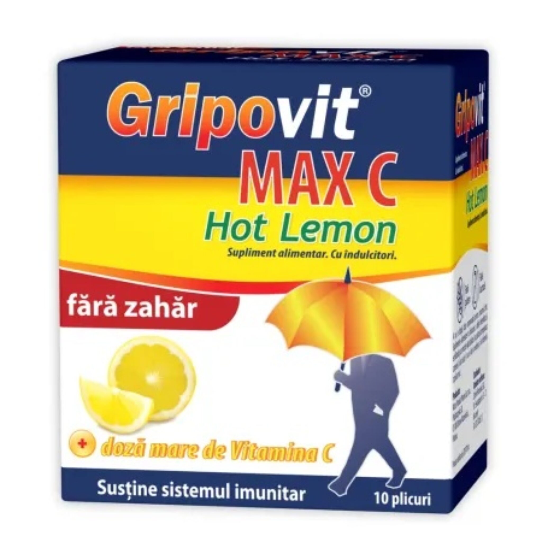 Gripovit Max C Hot Lemon fara zahar, 10 plicuri – Zdrovit - Farmacia Nor